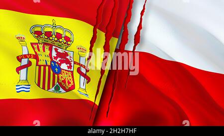 Poland and Spain flags with scar concept. Waving flag,3D rendering ...