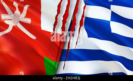 Greece and Oman flags with scar concept. Waving flag,3D rendering ...
