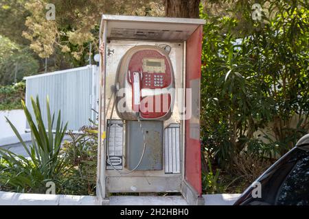An original style telephone box in the streets of Ibiza on the Spanish ...