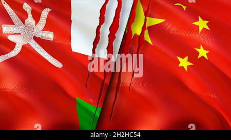 China and Oman flags with scar concept. Waving flag,3D rendering. China ...