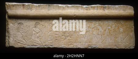 Ancient Egyptian hieroglyphic from the lintel of the temple of Sesotris ...
