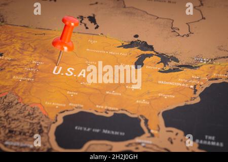 United State of America pin is pinned on blue jeans jacket. USA ...