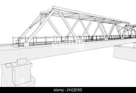 Modern truss bridge model. Outline frame model over white background ...