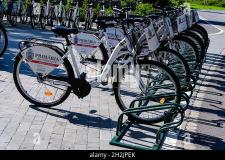 Bucharest, Romania, 22 September 2019: Public bike sharing bicycles ...
