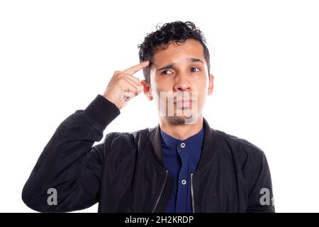 Idea, thinking and man pointing at head, brainstorming creative startup ...