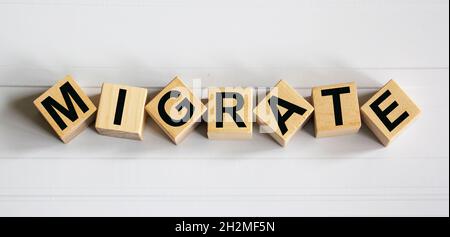 Migrate text written on wooden blocks and a light background Stock ...