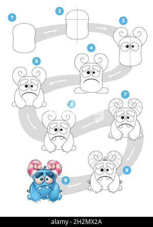 How to Draw a Monster. Step by Step Drawing Tutorial. Draw Guide ...