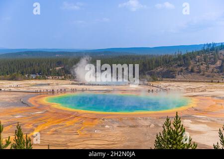 Aerial view of Grand Prismatic Spring in Midway Geyser Basin ...