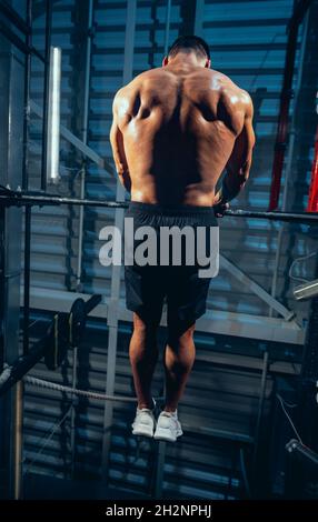 One muscled athlete, bodybuilder workouts alone at sport gym, indoors ...