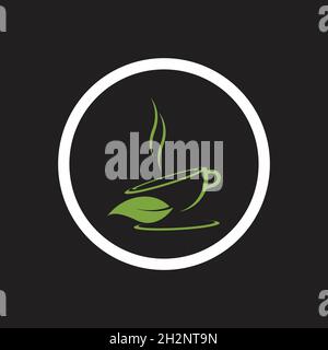leaf shoots green organic tea mug leaf logo symbol design idea on black ...