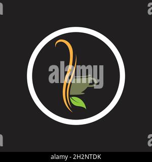 leaf shoots green organic tea mug leaf logo symbol design idea on black ...