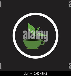 leaf shoots green organic tea mug leaf logo symbol design idea on black ...