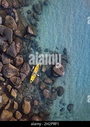 An aerial view of A kayaking trip on the Tagus River in central Spain ...