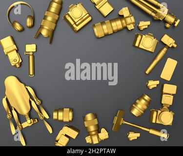 Top view of gold designer workspace and gear like nonexistent DSLR ...