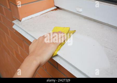 Window sill cleaning. Woman cleaning windows and window sills Stock ...