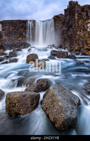Oxarafoss, or the waterfall in the Ax River, in the Thingvellir ...