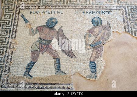 Gladiator Mosaic of two gladiators, Margarites (left) and Hellenikos ...