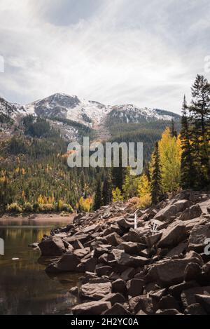A lake surrounded by fall foliage at Independence Pass near Aspen ...