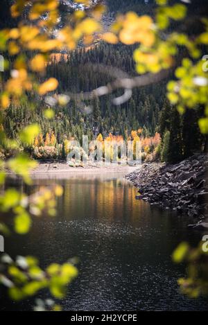 A lake surrounded by fall foliage at Independence Pass near Aspen ...