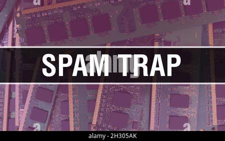 Trap concept with Computer motherboard. Trap text written on Technology ...