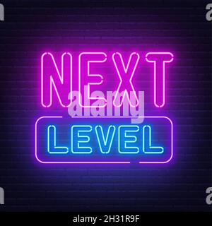 Next level neon sign on brick wall background. Neon blue and pink ...
