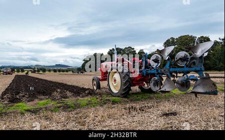 Vintage International tractor ploughing furrows in ploughing match ...