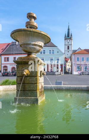 TACHOV, CZECH REPUBLIC - JULY 24, 2021: Colorful houses, fountain and ...