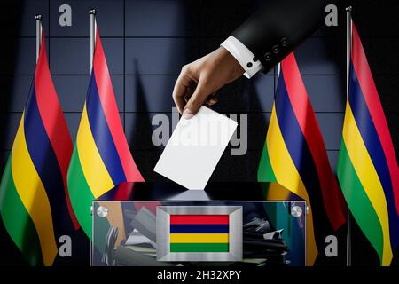 Mauritius flags, hand dropping voting card - election concept - 3D ...