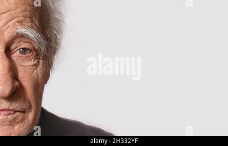 Man face portrait, banner with copy space. amazed male behind black ...
