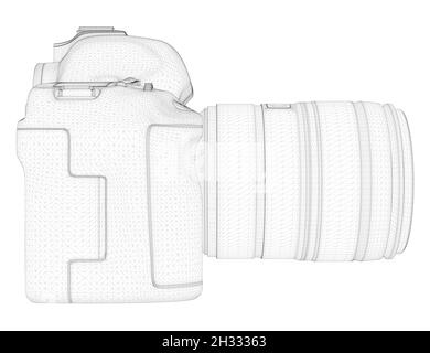 Digital camera wireframe with black lines lens isolated on white ...