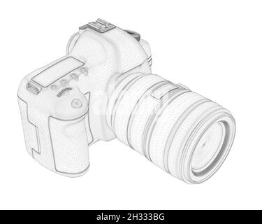 Digital camera wireframe with black lines lens isolated on white ...