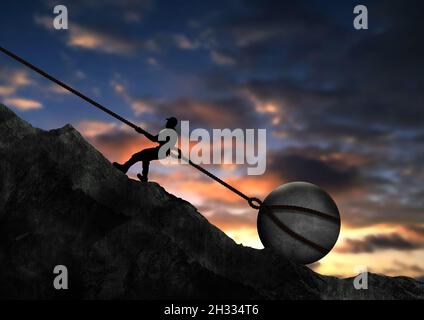 Man Pull Uphill A Big Rock With Chain In Front Of Sunset . Person male ...