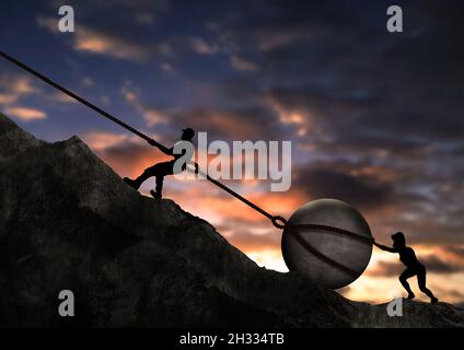 Man Pull Uphill A Big Rock With Chain In Front Of Sunset . Person male ...