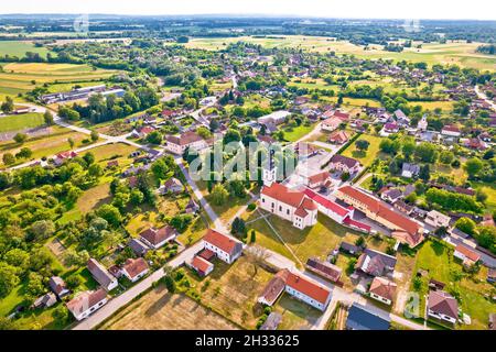 Village of Legrad church and green landscape aerial view, Podravina ...