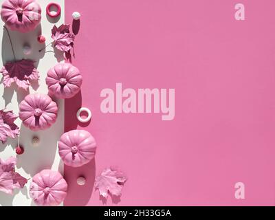 Pink fuchsia paper background with Autumn decor. Blank frame in hand ...