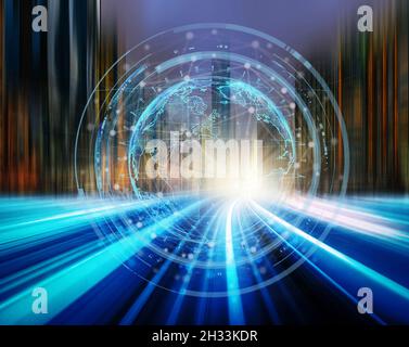 particle earth with technology network circle over Chicago cityscape ...