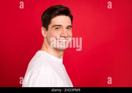 Photo of optimistic toothy beaming cute girl with perming coiffure wear ...