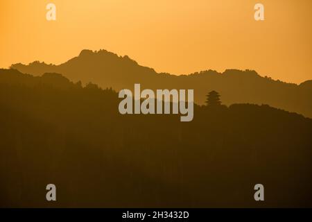 The Tianzi Pavilion or Teaboard Tower on Tianzi Mountain at sunrise in ...