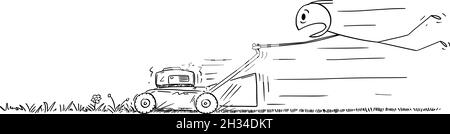 Man Using Mad Lawn Mower to Cut the Grass on Garden, Vector Cartoon ...