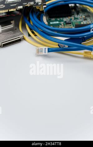computer and peripherals electronic boards and cables on a white ...
