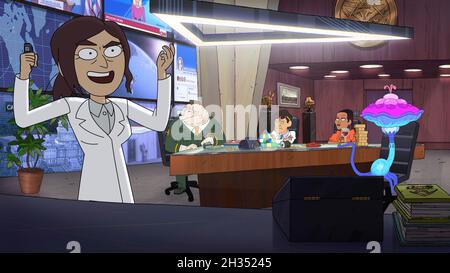 INSIDE JOB, from left: Reagan Ridley (voice: Lizzy Caplan), Brett Hand ...