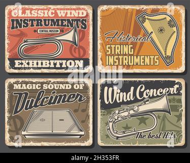 Classic music concert posters. String and wind instruments. Musicians ...