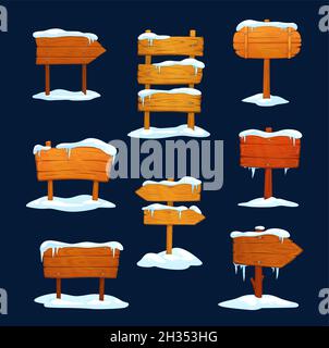 Cartoon wooden signs with snow. Christmas winter holidays vector ...