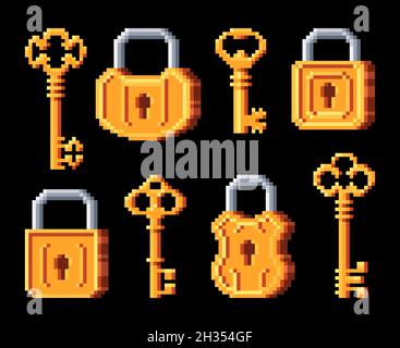 Game assets of golden keys and padlocks, pixel art 8bit door lock and ...