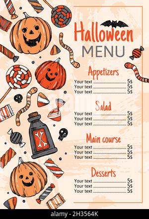 hand drawn halloween menu template vector design illustration Stock ...