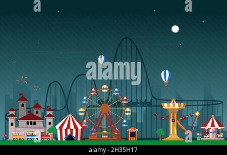 Night fair flat vector illustration. People walk street market cartoon ...