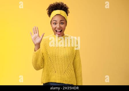 Friendly outgoing excited cute millennial female coworker newbie ...