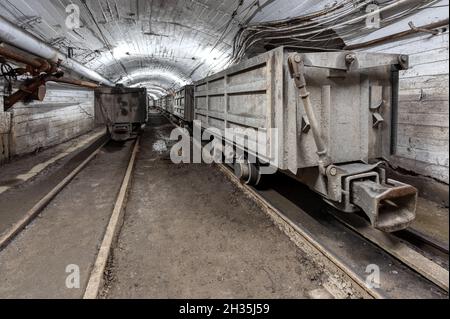Underground mine. Underground railway for transporting ore. Mine ...