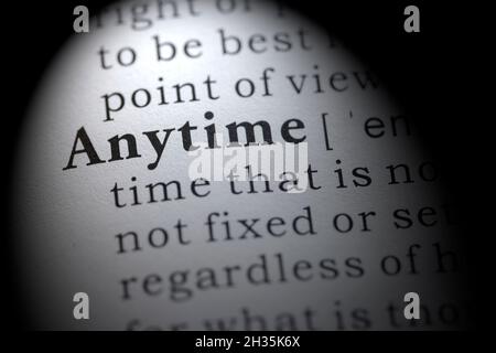 Fake Dictionary word, Dictionary definition of anytime Stock Photo - Alamy