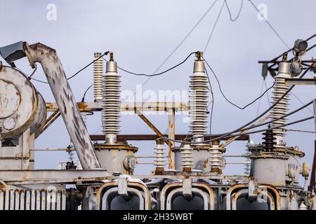 Old electricity distribution tower with connections Stock Photo - Alamy